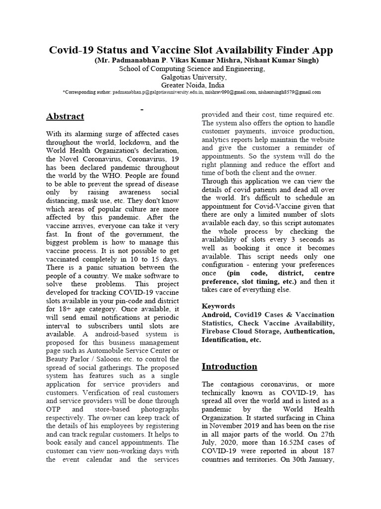 Covid-19 Status and Vaccine Slot Availability Finder App | PDF ...