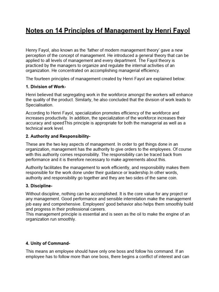 Henri Fayol's 14 Management Principles | PDF | Business | Social Psychology