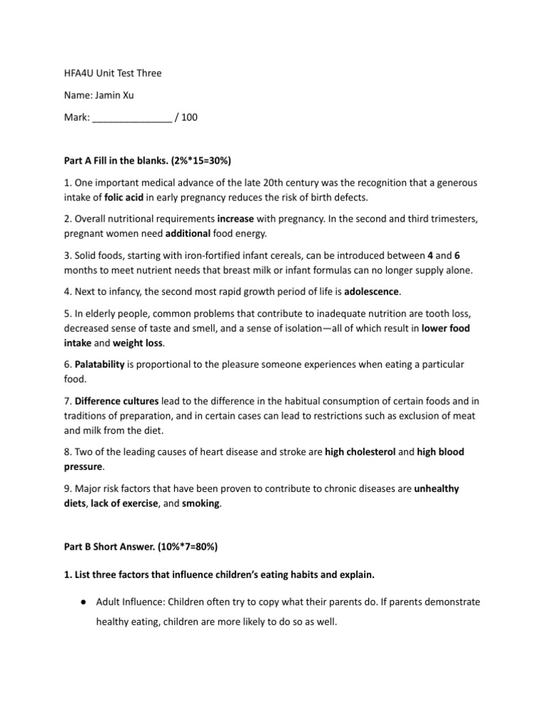 HFA4U Nutrition Unit Test Overview | PDF | Healthy Diet | Diet (Nutrition)