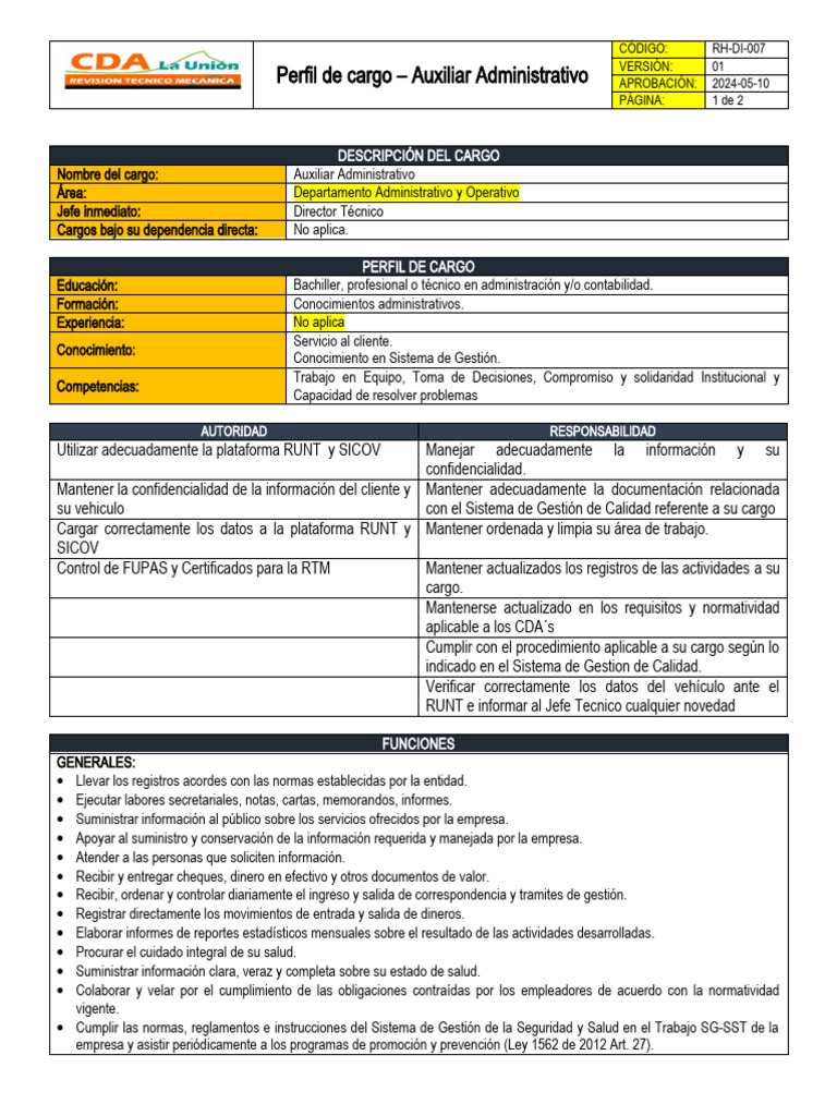 Rh-Di-007 - V.03 Perfil de Cargo - Auxiliar Administrativo | PDF | Sistema de manejo de calidad ...