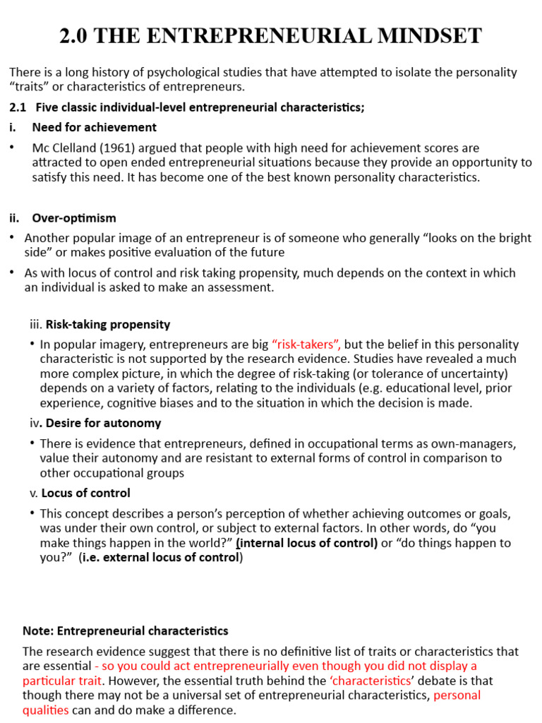 Entrepreneurial Mindset Traits Explained | PDF | Entrepreneurship | Risk