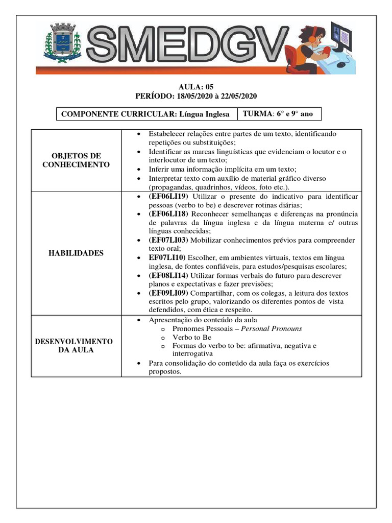 Aula 05 - Plano de Aula Completo (6 Ao 9 Ano)(1) | Download grátis PDF | Pronome | Idiomas