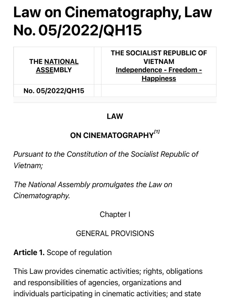 Law On Cinematography, Law No. 05:2022:QH15 | PDF | Cinematography | Vietnam