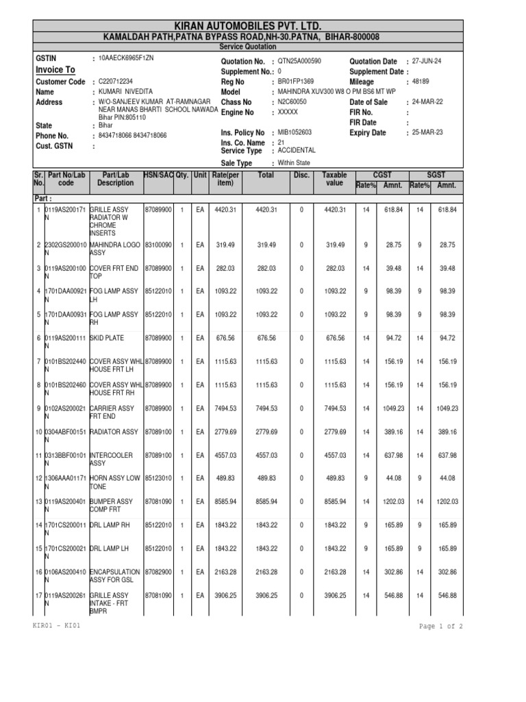 BR01FP1369 Estimate | PDF | Motor Vehicle | Vehicle Technology