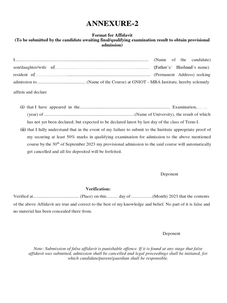 Provisional Admission Affidavit Format | PDF | Affidavit | Justice