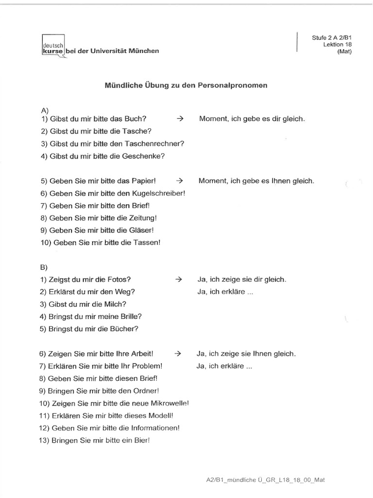 A2.B1 L18 Verben Dat Akk Pron Mündl | PDF