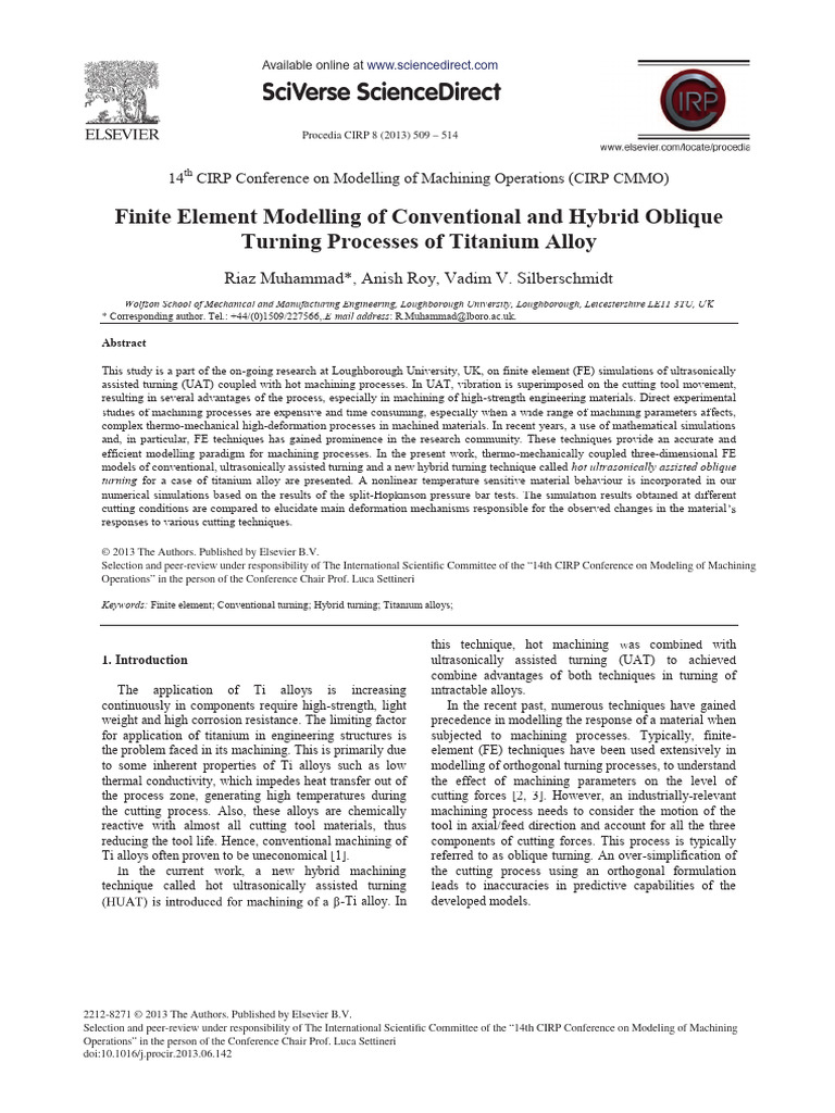 Finite Element Modelling Of Conventional Pdf Titanium Machining