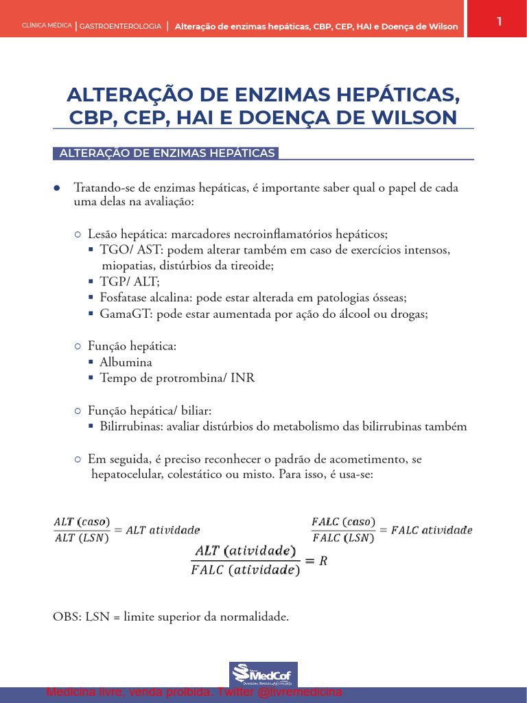 07 - Resumo - Ext 2023 - Alteracao de Enzimas Hepaticas, CBP, Cep, Hai e Doenca de Wilson | PDF ...