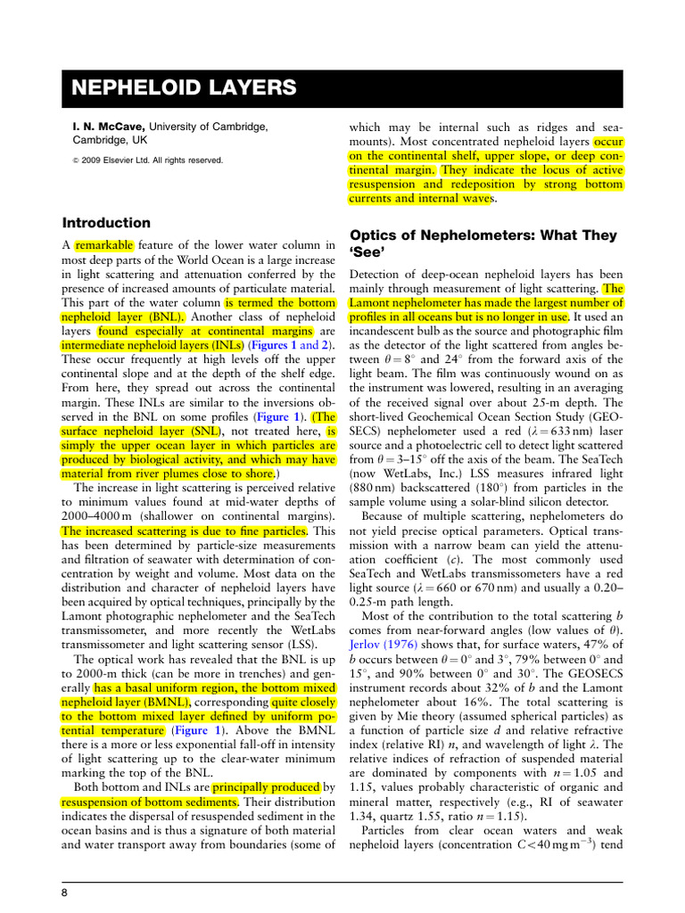 I.N. McCave - Nepheloid Layers | PDF | Scattering | Oceans