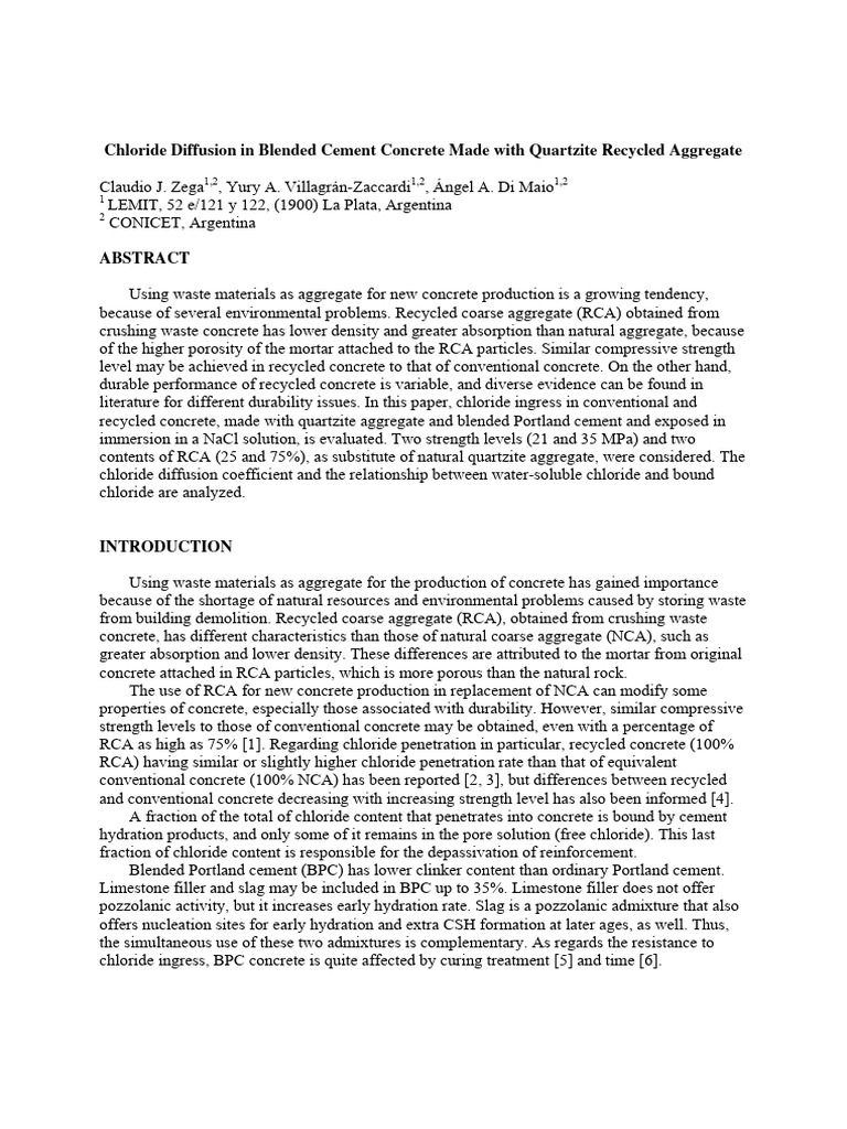 Chloride Diffusion in Blended Cement Concrete Made With Quartzite ...