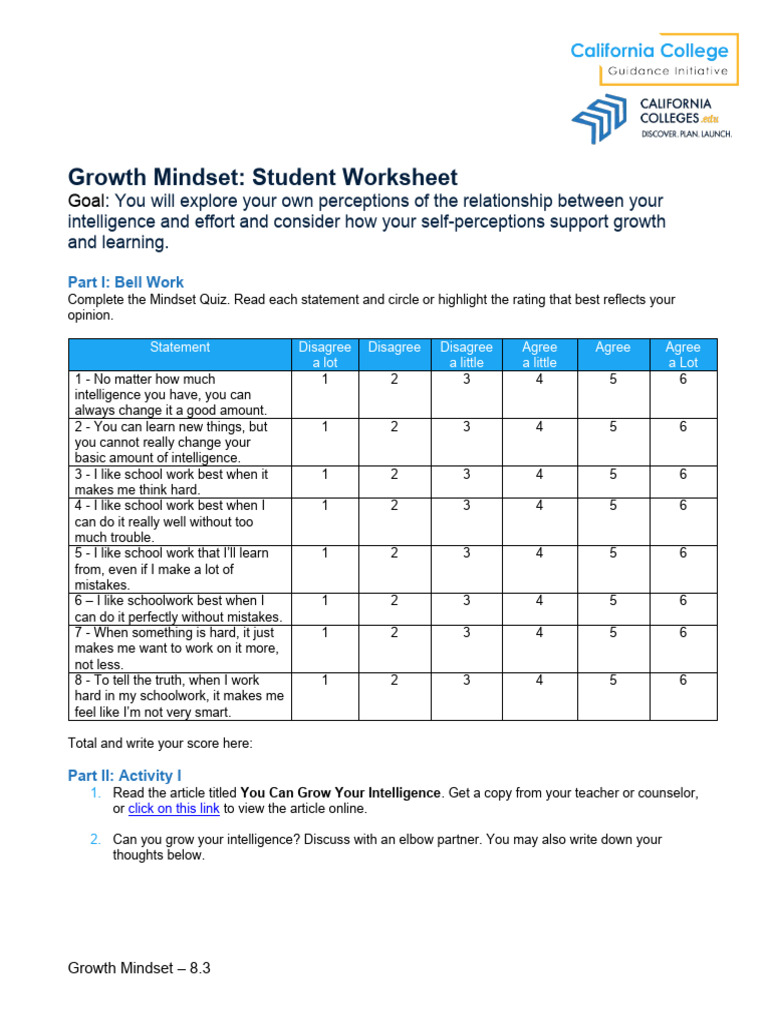 Growth Mindset - Student Worksheet - 4.0 | PDF | Mindset | Habits