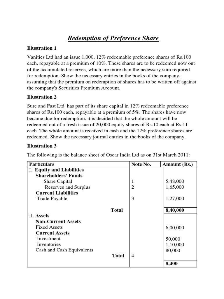 Redemption of Preference Share | PDF | Equity (Finance) | Balance Sheet