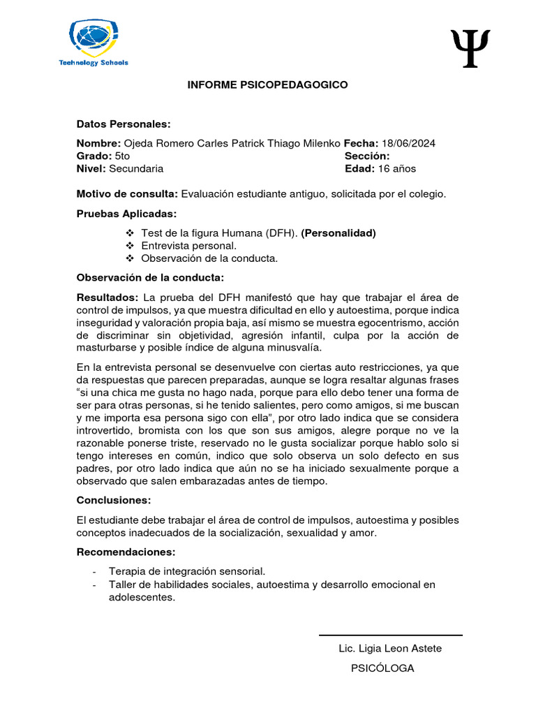 Informe Psico Ojeda Romero Carles Patrick Thiago Milenko - 5 S | PDF