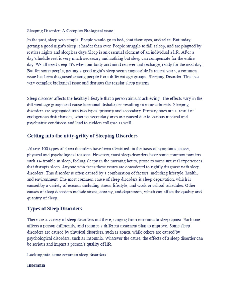 Sleeping Disorder - A Complex Biological Issue | PDF | Sleep Disorder ...