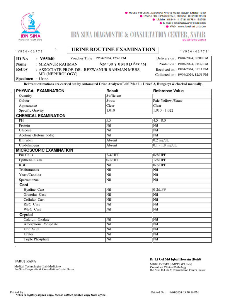 Urine Routine Examination: V55040 Id No | PDF | Urine | Medical Specialties