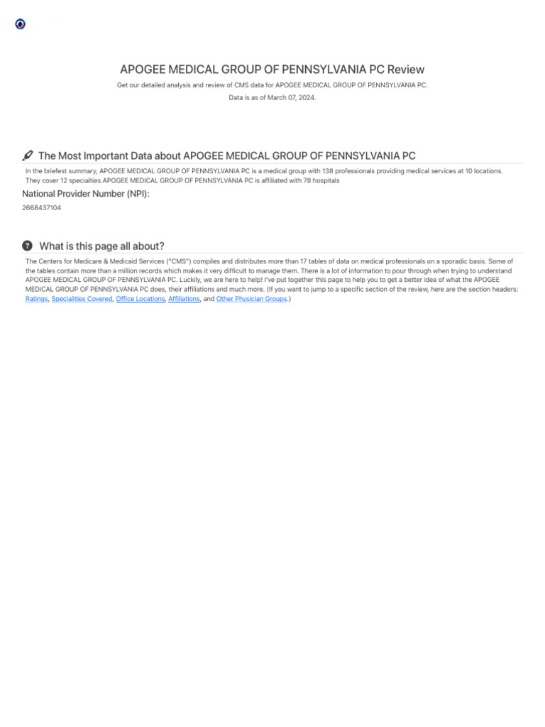 Apogee Medical Group Overview PA | PDF | Physical Therapy | Health Care
