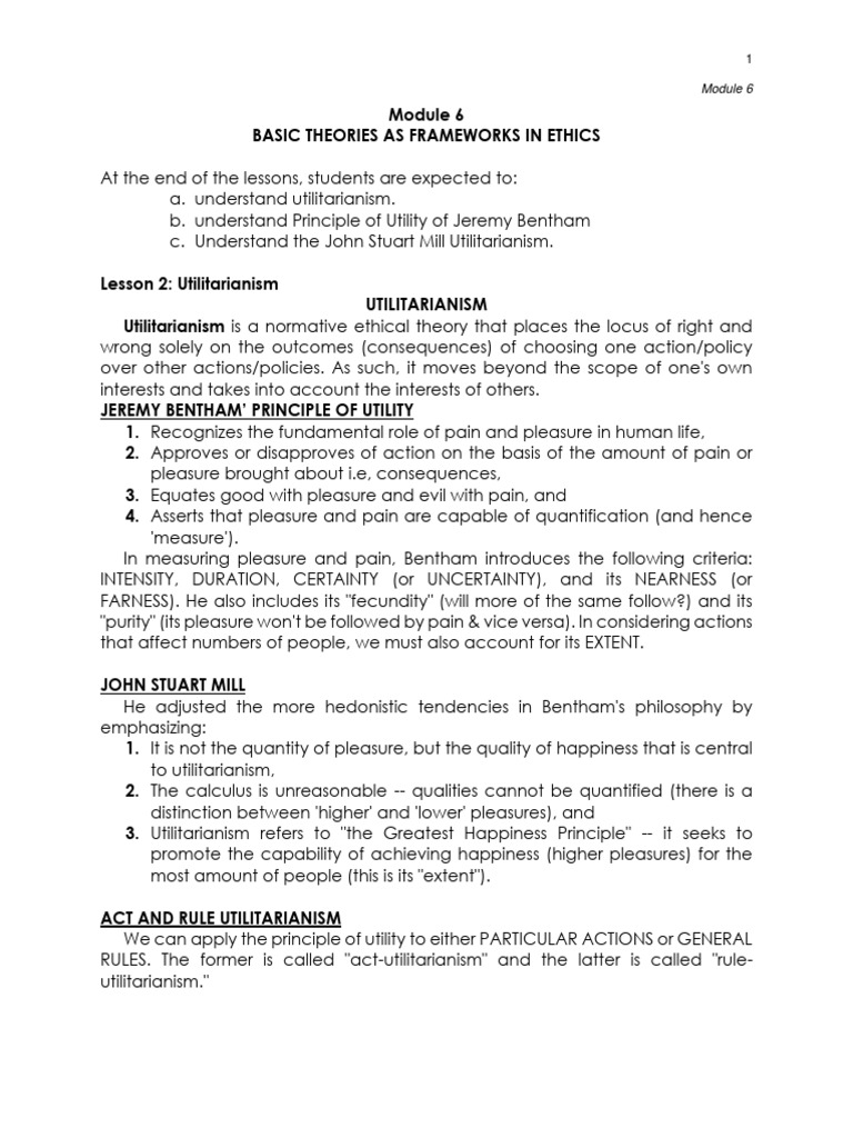 MODULE 6, Lesson 2 Utilitarianism | PDF | Utilitarianism | Pleasure