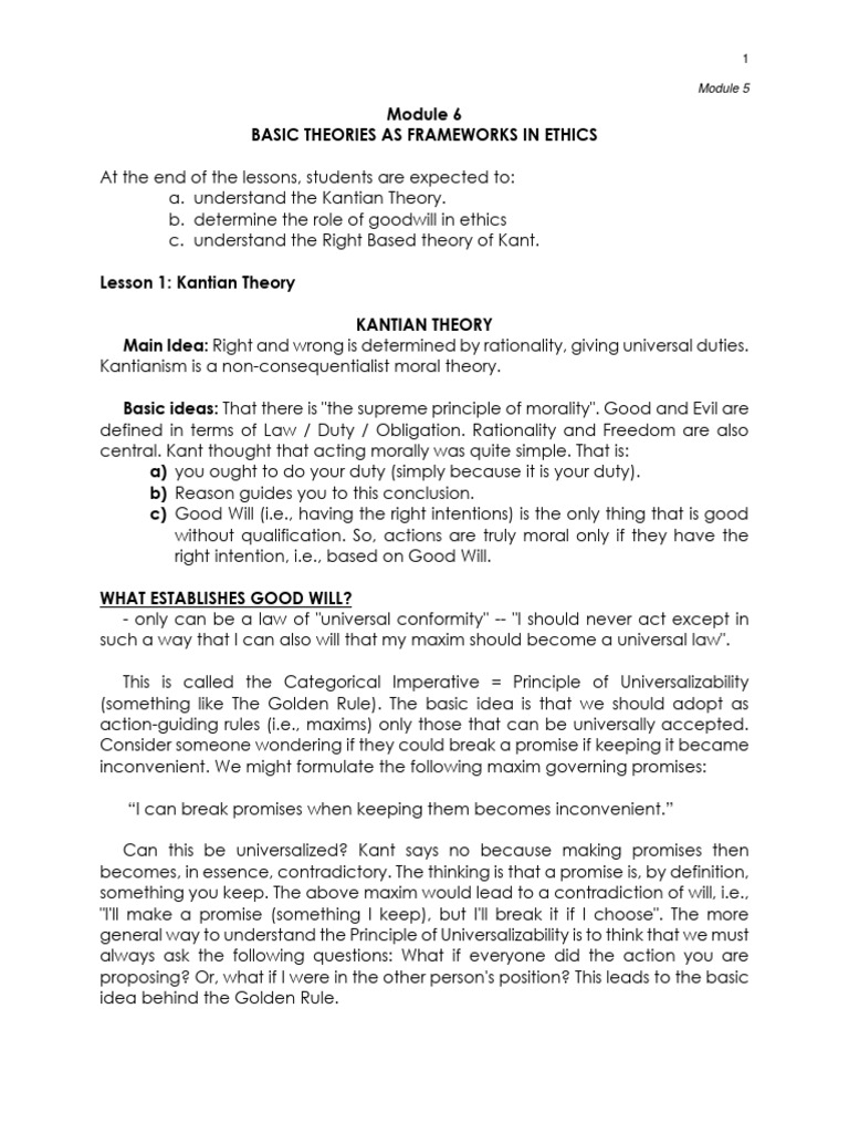 MODULE 6, Lesson 1 Kantian Theory | PDF | Western Philosophy | Ethical ...