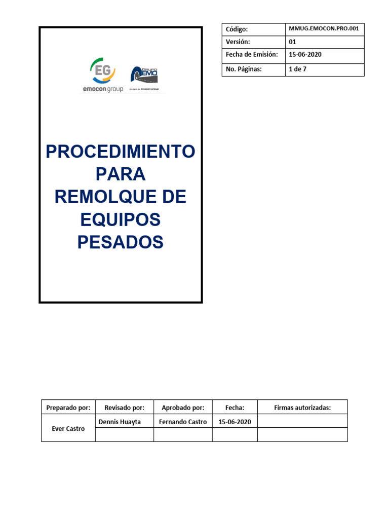 MMUG.EMOCON.PRO.001 Procedimiento Para Remolque de Equipos Pesados V1 | PDF