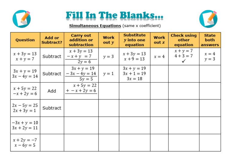 Simultaneous Equations Same X Coefficient Fill in The Blanks | PDF