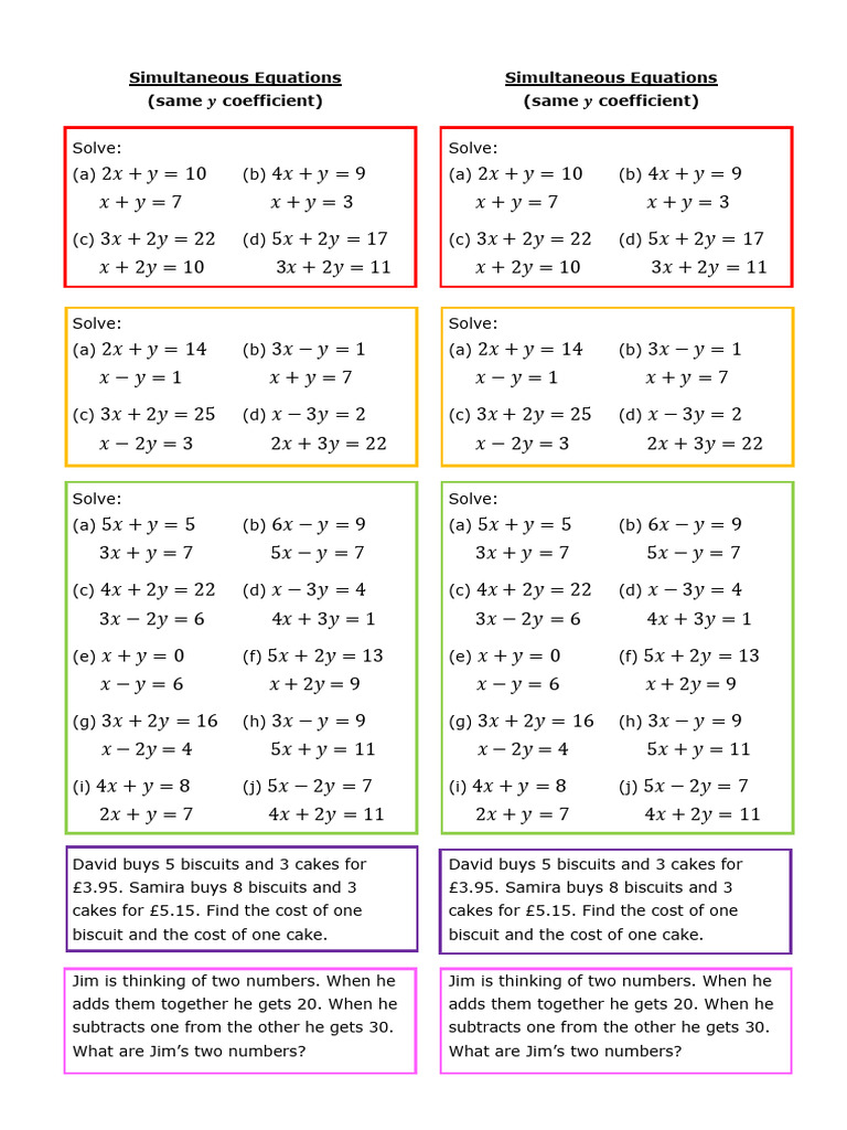 Simultaneous Equations Same y Coefficients Practice Strips | PDF