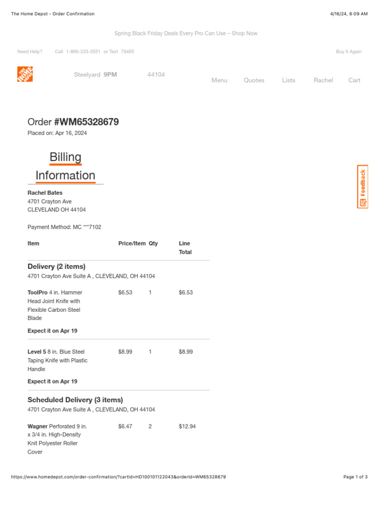 Home Depot Order Confirmation Details | PDF | The Home Depot | Supply Chain