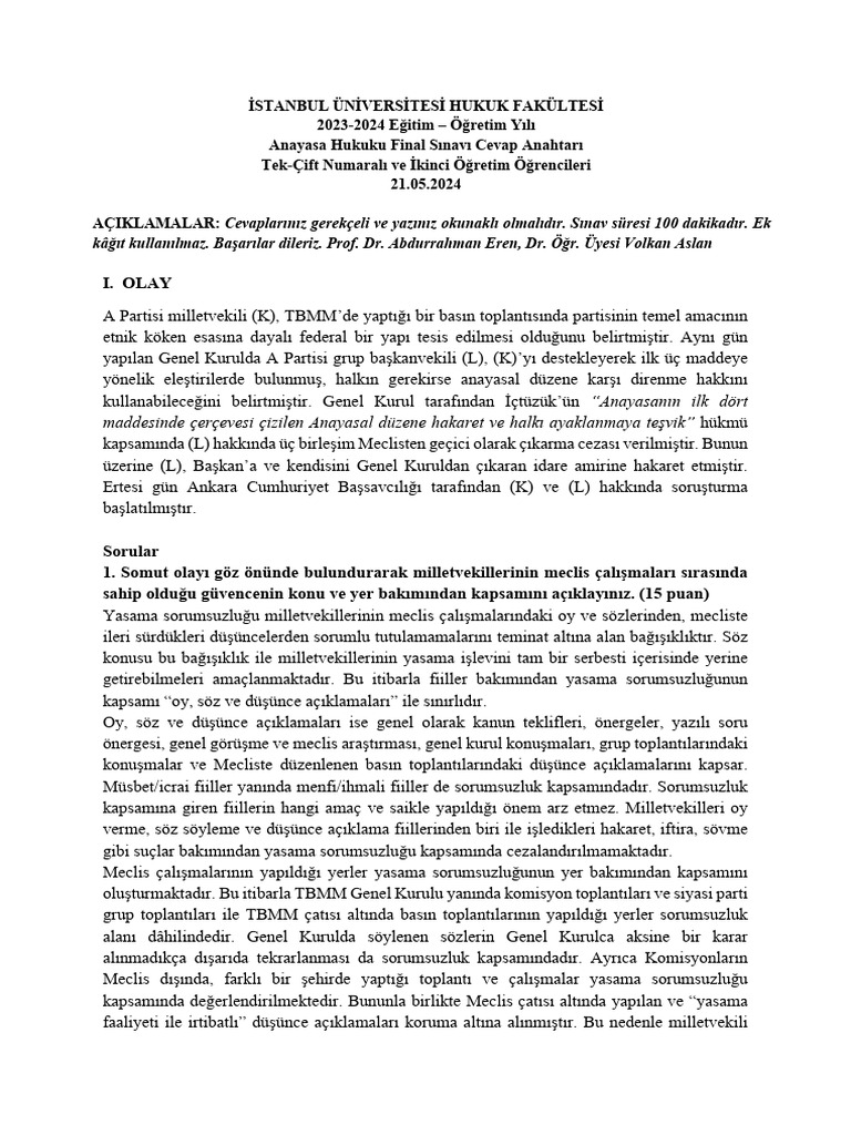 2023 2024 Anayasa Hukuku Final Sinavi Cevap Anahtari | PDF