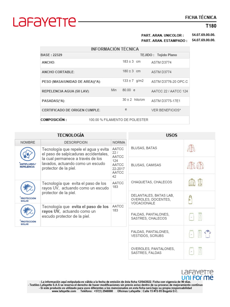 Ficha Técnica Tejido T180 | PDF | Textiles