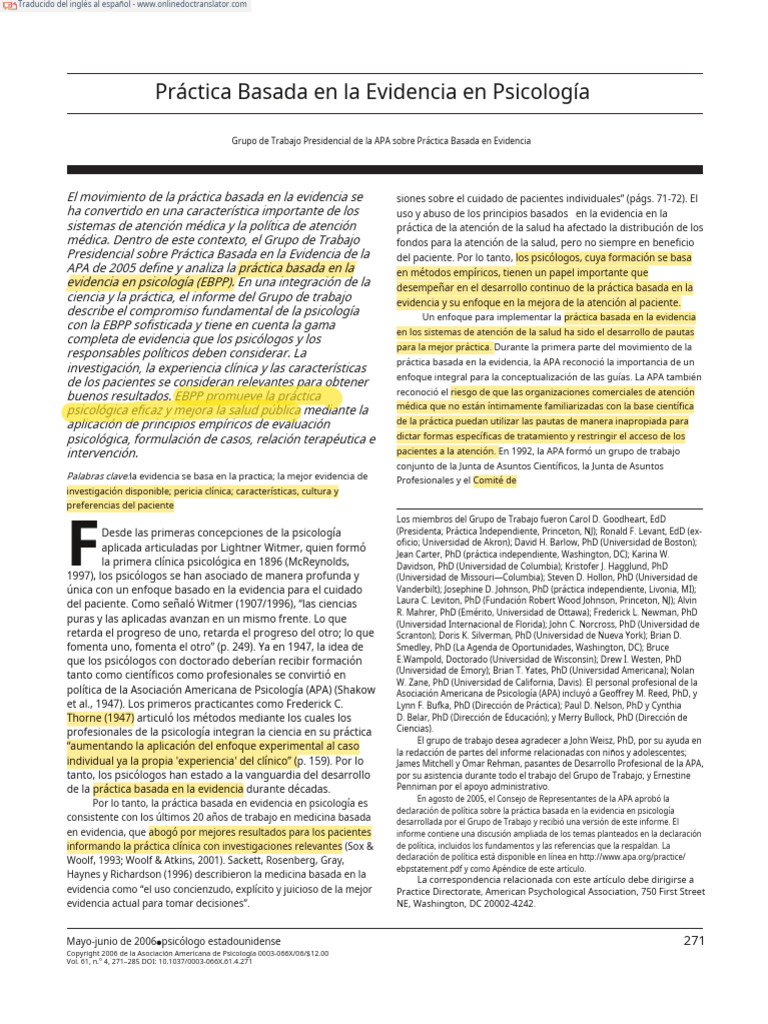 APA Evidence Based Statement (ES) | PDF | Sicología | Psicoterapia