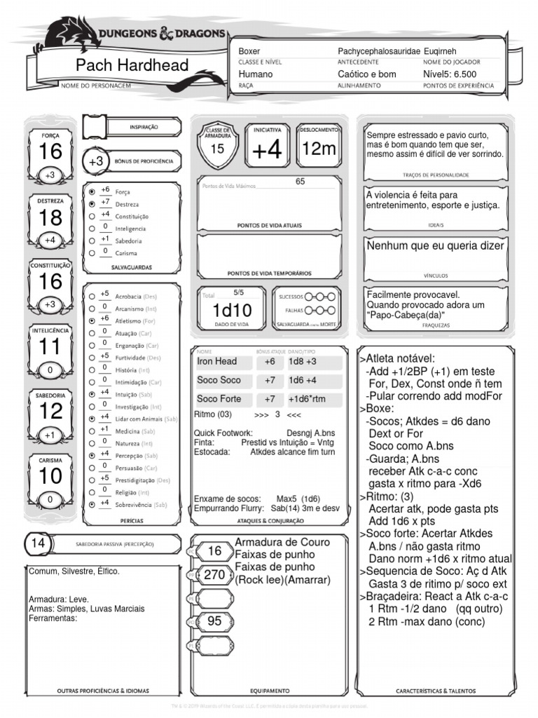 Ficha Oficial D&D 5E Editável - Pach - Nvl5 | PDF