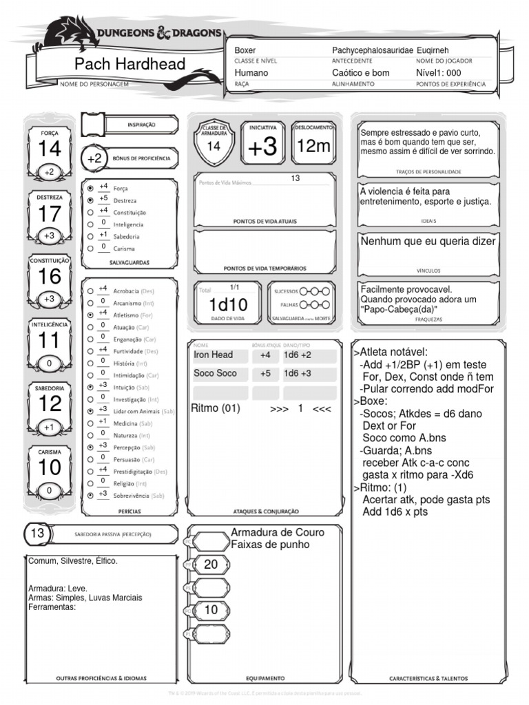 Ficha Oficial D&D 5E Editável - Pach - Nvl1 | PDF