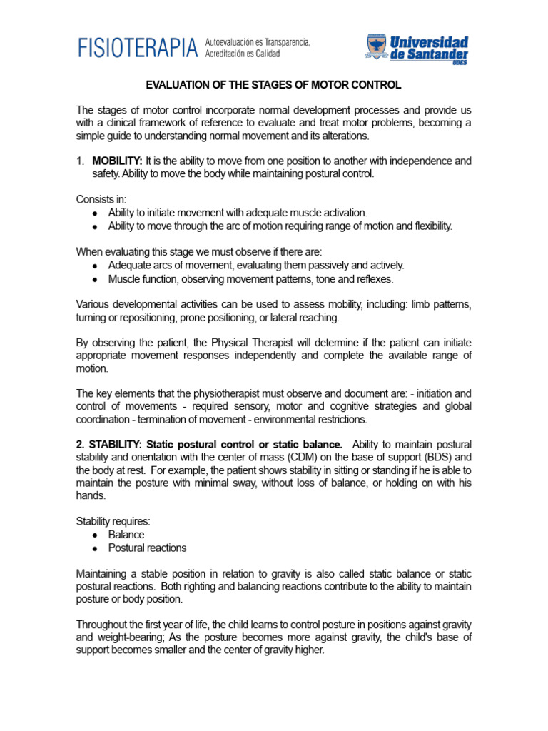 Evaluation of The Stages of Motor Control | Download Free PDF | Balance ...