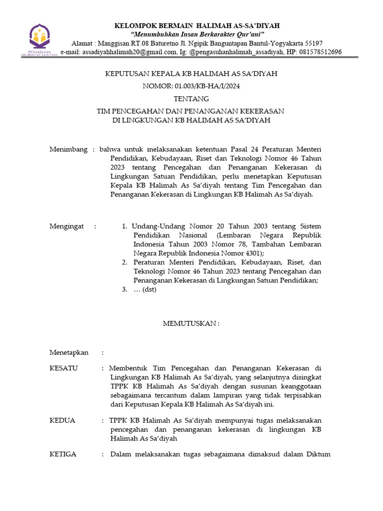 Lampiran 2 - Contoh SK Kepala Satuan Pendidikan Pembentukan TPPK | PDF ...