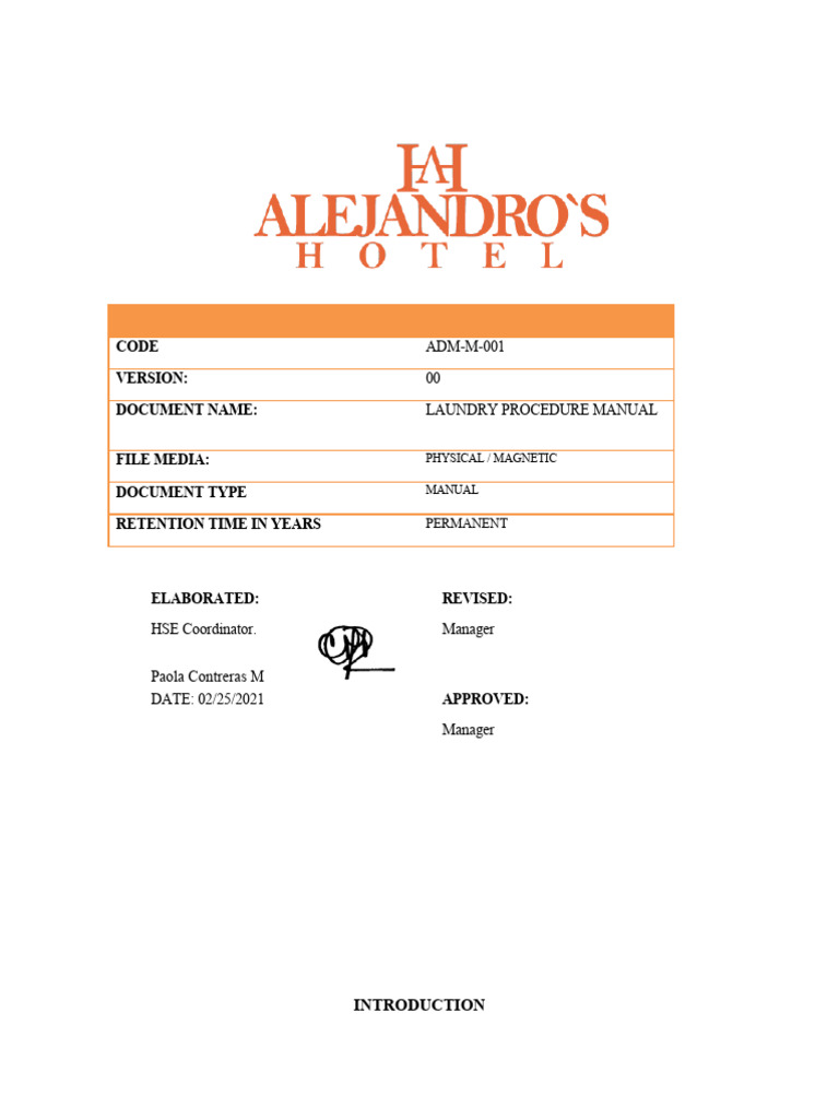 Alejandros Hotel Laundry Procedure Manual | PDF | Laundry | Hygiene
