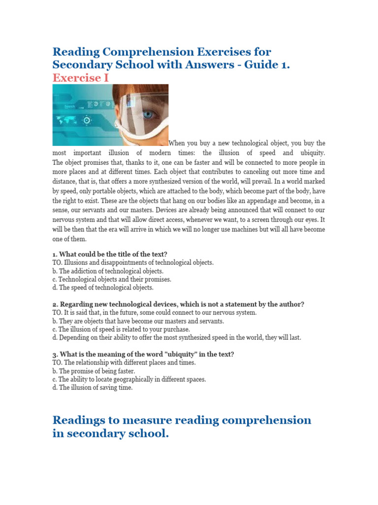Reading Comprehension Exercises For Secondary School With Answers | PDF ...