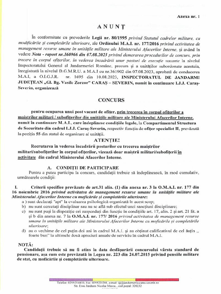 Anunt Concurs T.C.O. Ofiter Specialist II Structura de Securitate P.I.C | PDF