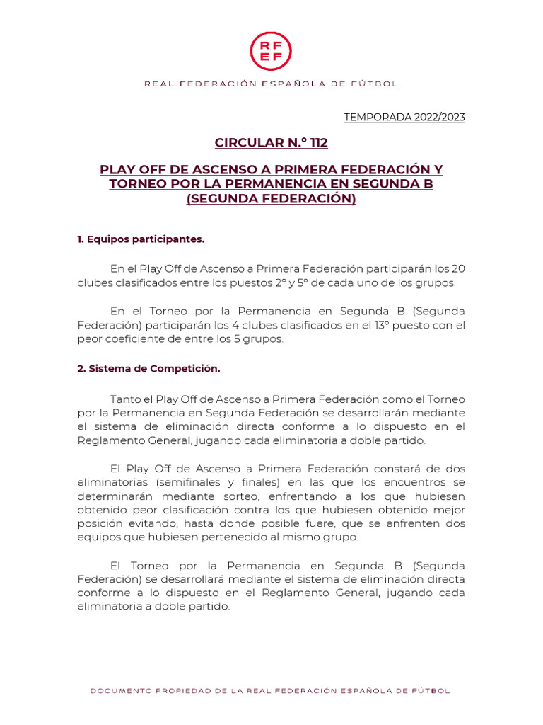 Circular #112 - Play Off Ascenso A Primera Federación y Permanencia Segunda Federación | PDF ...