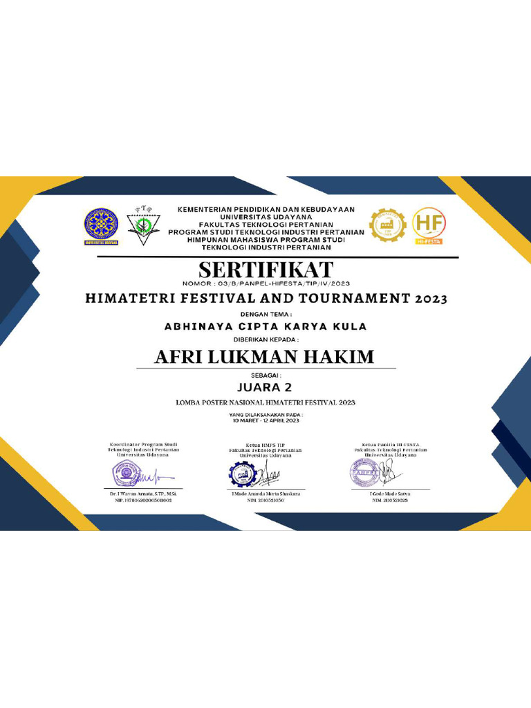 Sertifikat (Juara 2) Poster HI-FESTA 2023 - Afri Lukman Hakim | PDF