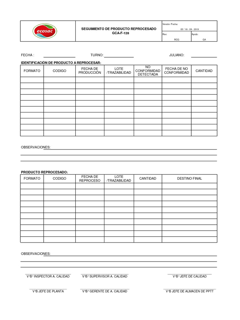 F-128 SEGUIMIENTO DE PRODUCTO REPROCESADO Vs 05 | PDF
