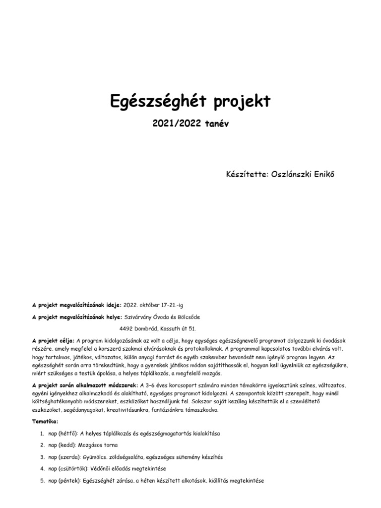 Egészséghét Projekt | PDF