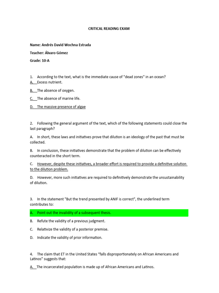 Critical Reading Test | PDF | Argument