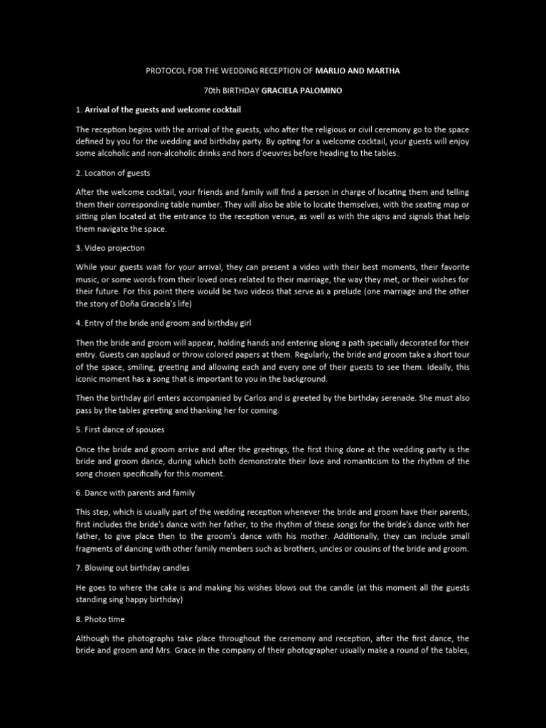 Protocol For The Wedding Reception | PDF | Wedding | Bride