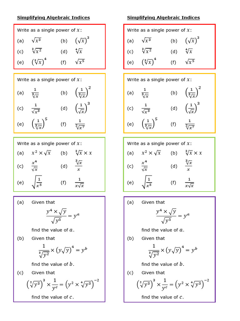Simplifying Algebraic Indices Practice Strips | PDF | Mathematics | Algebra