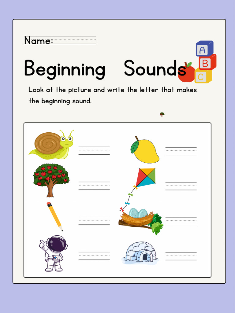 Beginning Sounds Phonemic Awareness Printable Worksheet in Beige Purple ...
