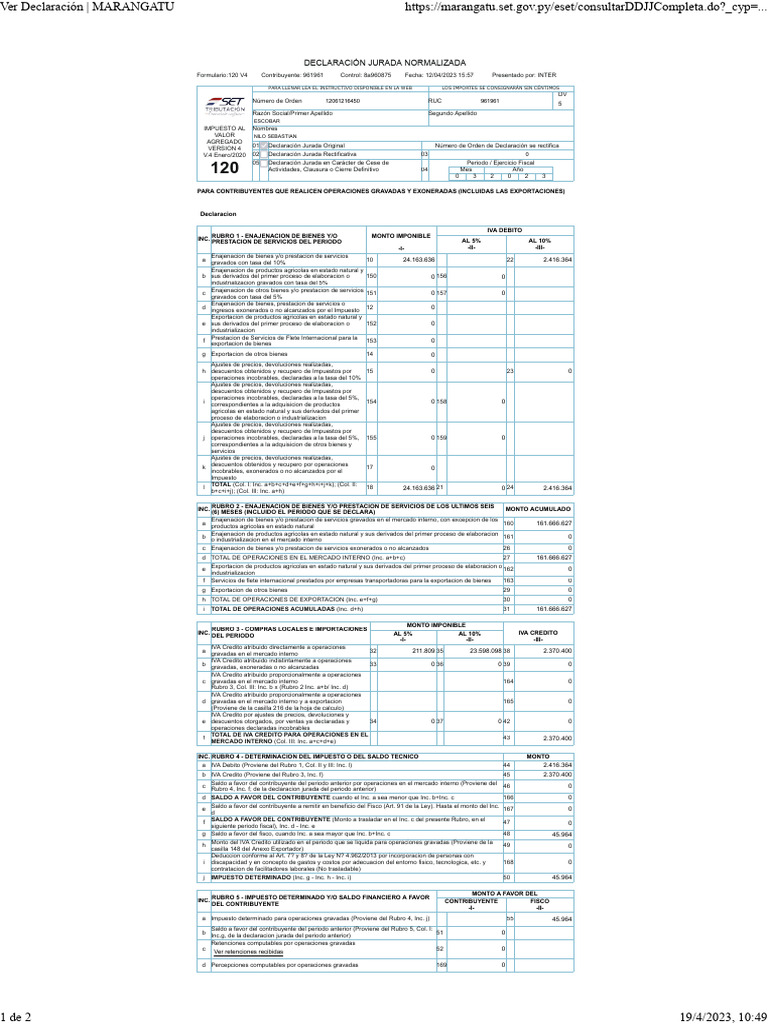 Declaración Jurada IVA 2023 Formulario 120 | PDF | Impuesto al valor ...