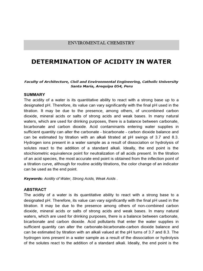 Practice #7 Determination of Acidity in Water | PDF | Acid | Ph