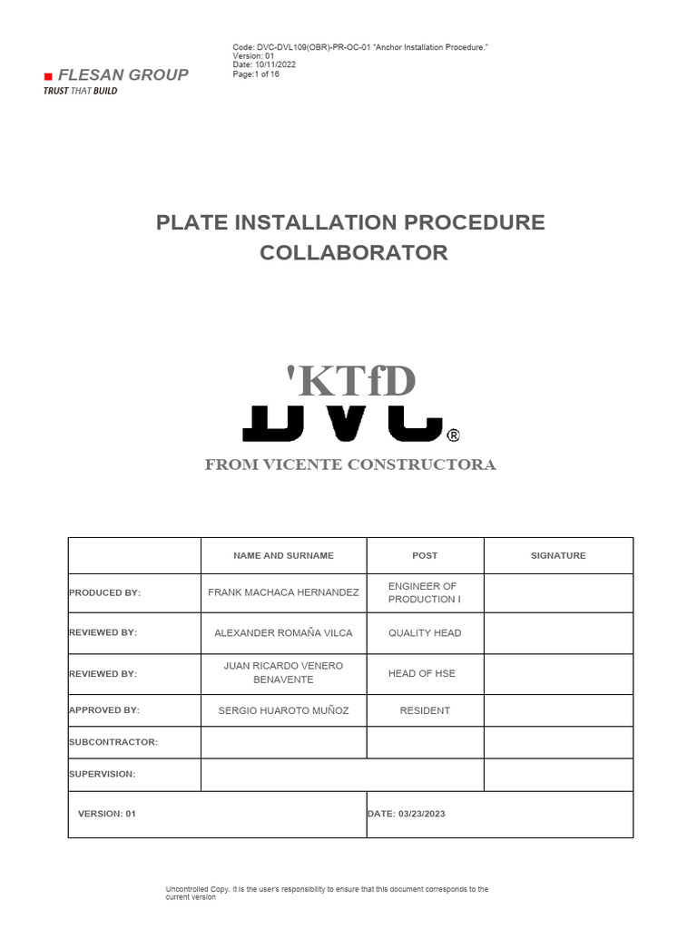 DVC Collaborating Plate Installation Procedure | PDF | Safety ...
