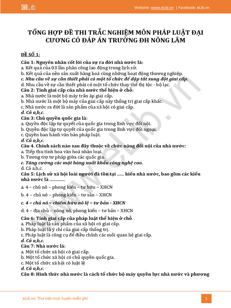 Tong Hop de Thi Trac Nghiem Mon Phap Luat Dai Cuong Co Dap An943 | PDF
