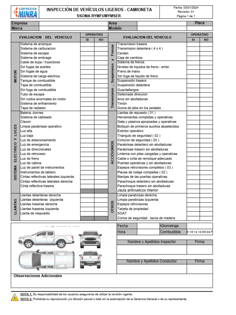 Inspección de Vehículos Ligeros - Camioneta | PDF | Vehículo de motor ...