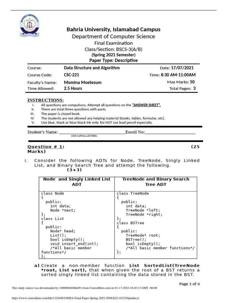 Data Structure and Algorithm Final Paper Momina Moetesum 2021 | PDF ...